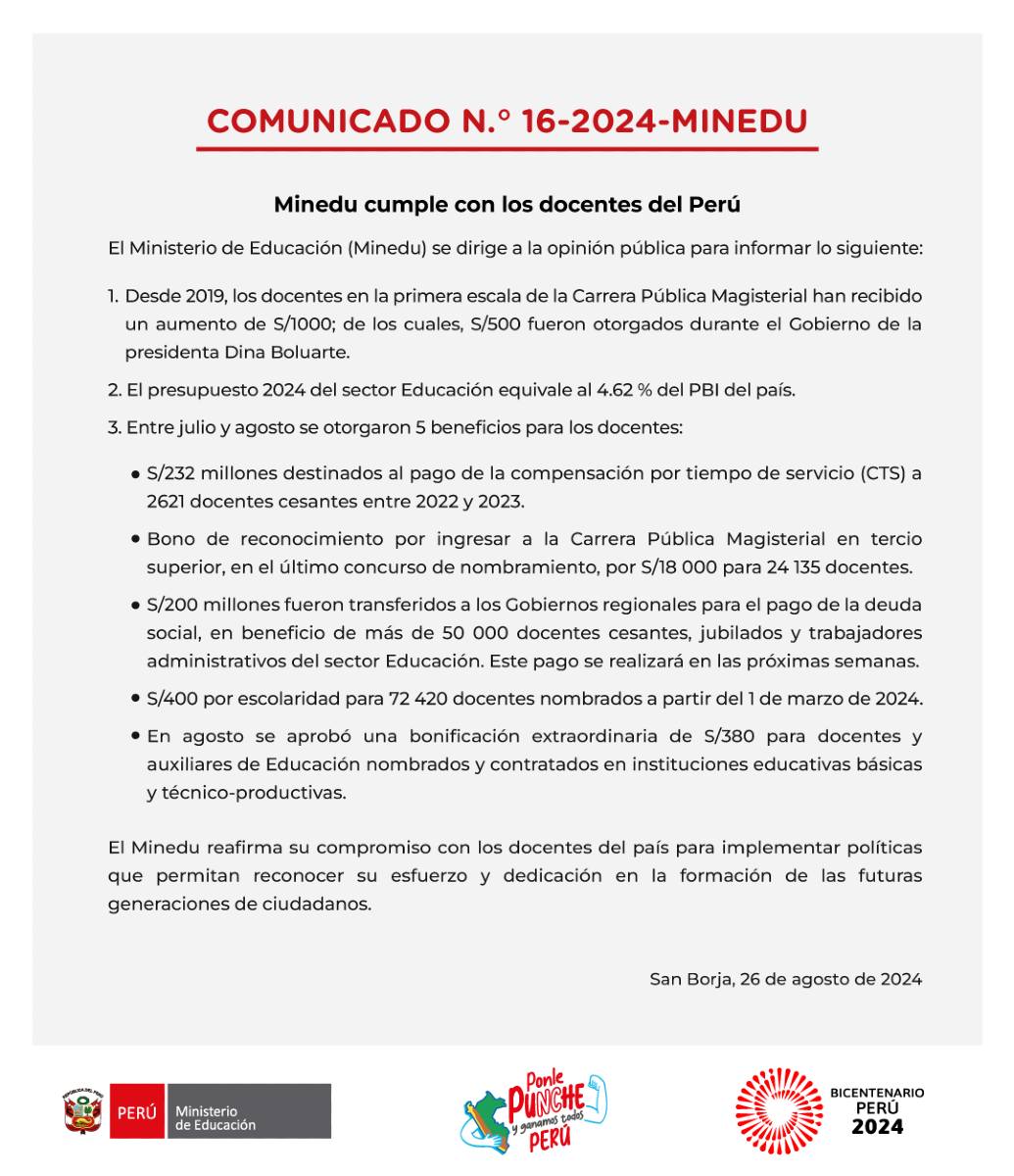 Minedu emite comunicado a docentes sobre sus logros obtenidos en ...